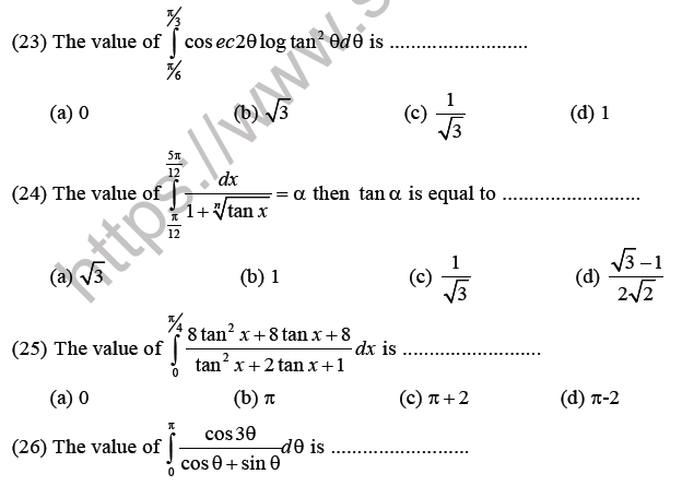 JEE Mathematics Definite Integration MCQs Set A with Answers